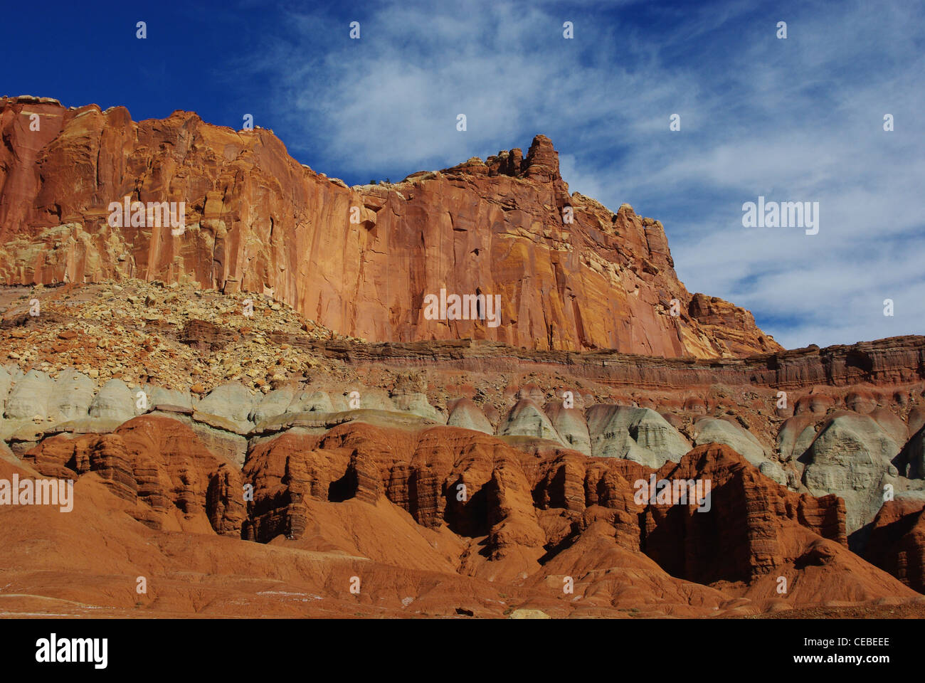 Brick red, gray, orange, yellow, blue and white, Capitol Reef National ...
