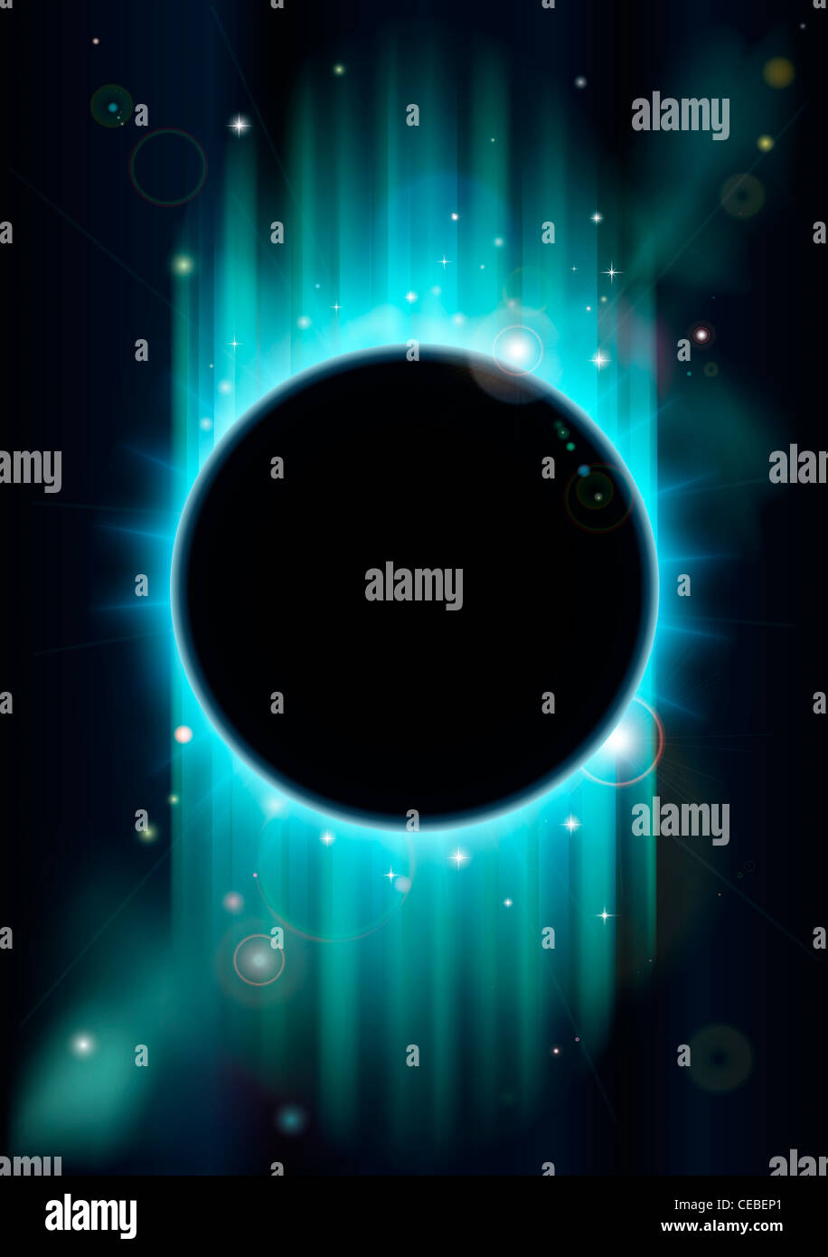An abstract blue and green eclipse space background with copyspace in ...