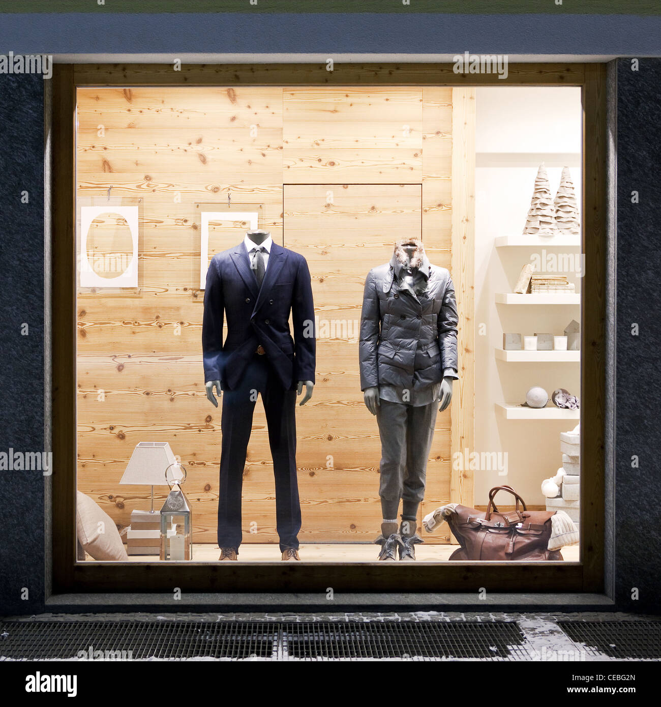 Stylish casual clothing in store at display window, winter collection ...
