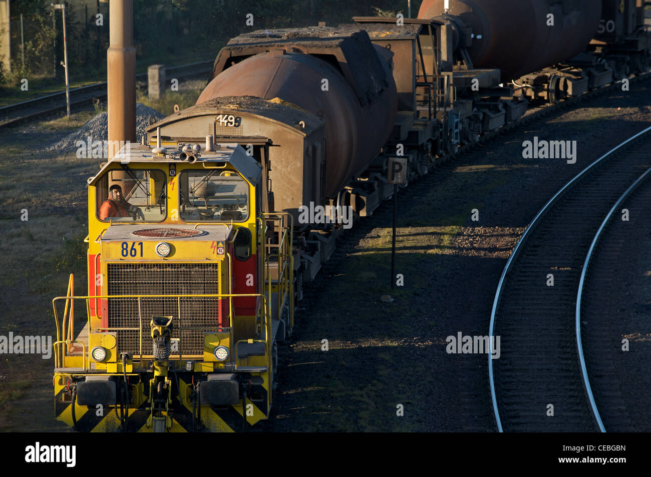 Molten metal transported by torpedo ladle car at the ThyssenKrupp steel ...