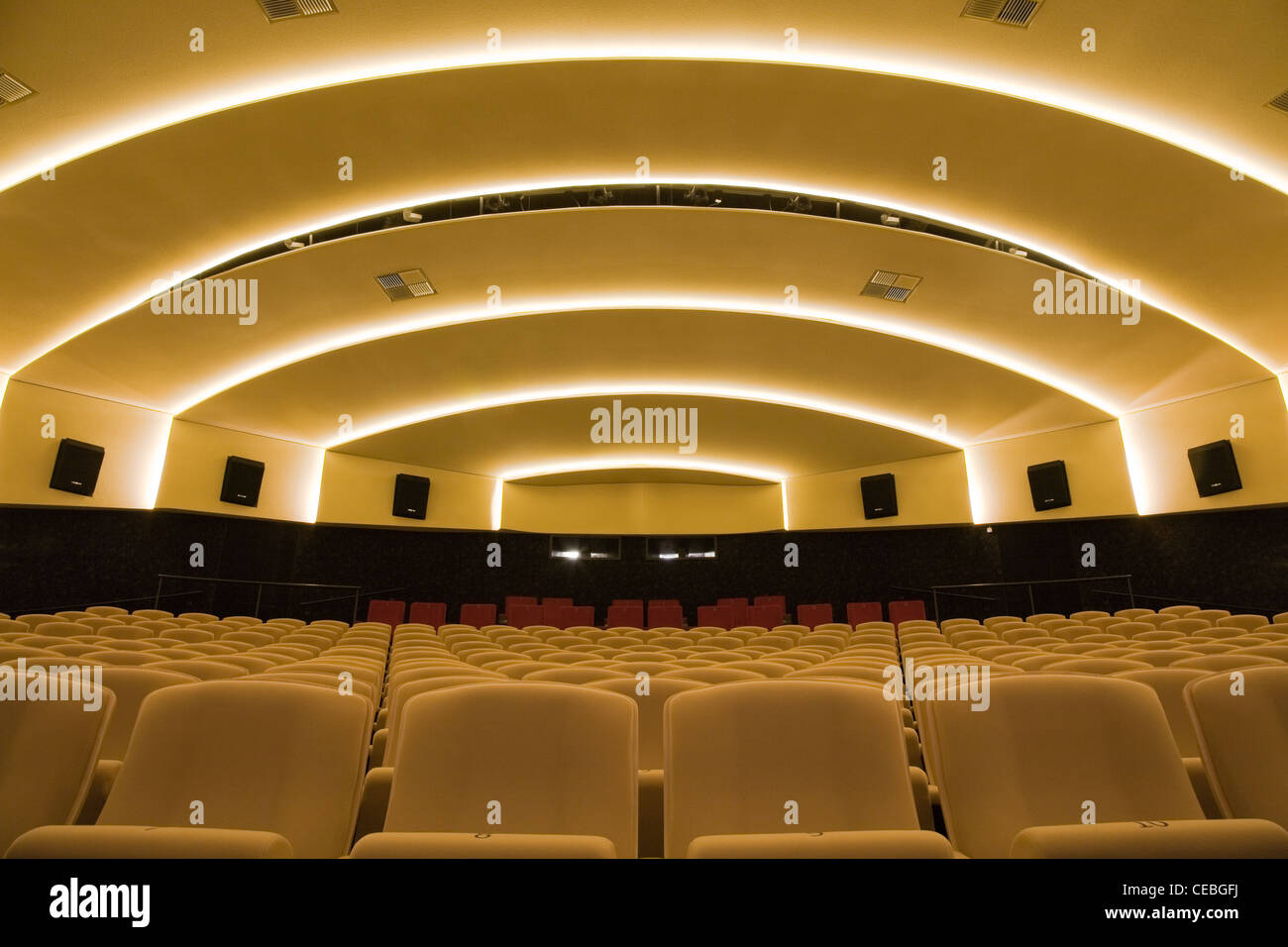 Empty cinema auditorium with line of chairs. Front view Stock Photo - Alamy