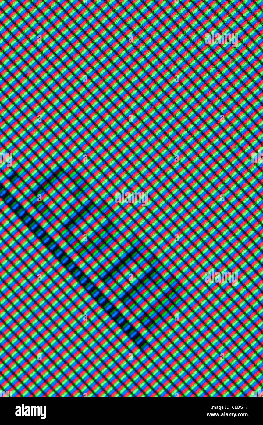 Closeup of a TFT computer screen showing the 3-additive color synthesis ...