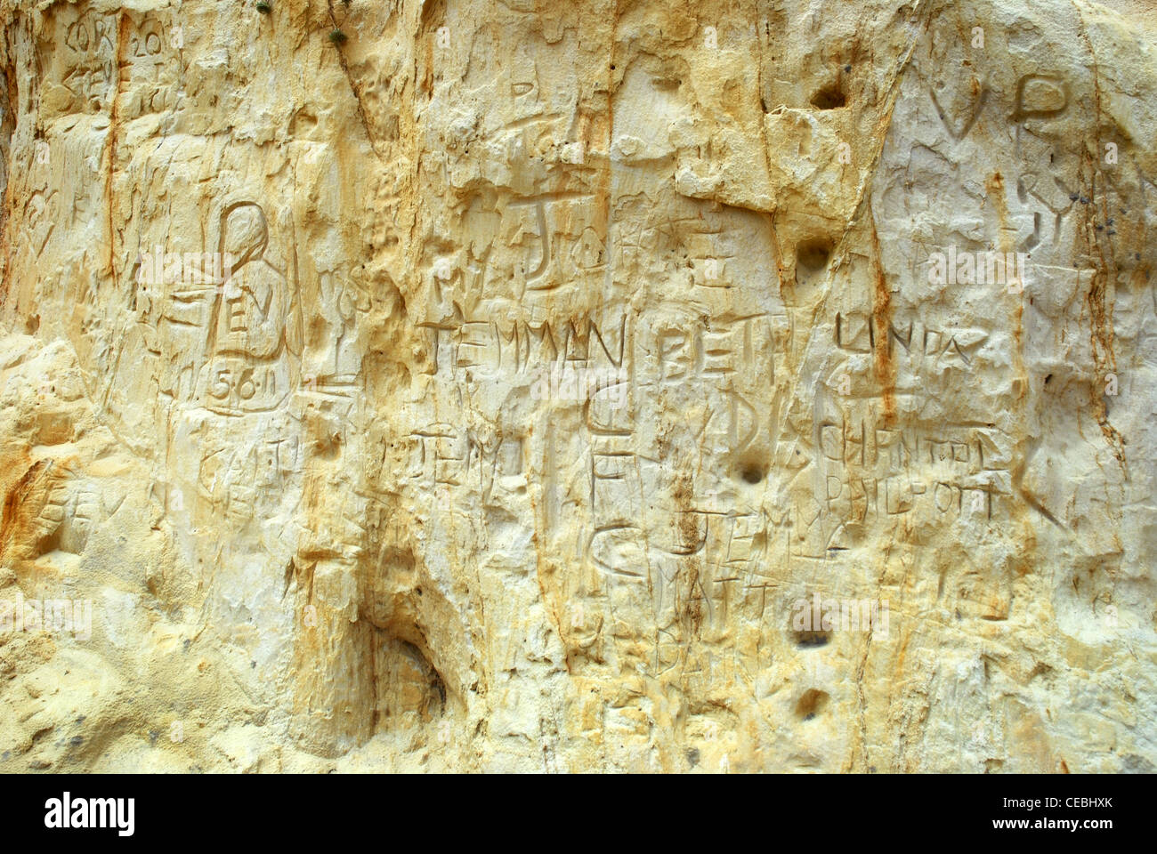 Carved Names, chalk cliffs Whitecliff Bay Isle of Wight, England Stock ...