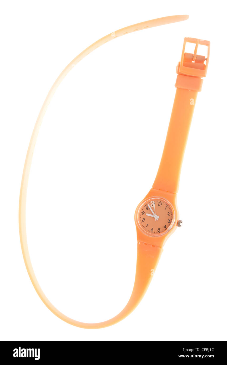 orange rubber and plastic watch with long bracelet (isolated on white ...