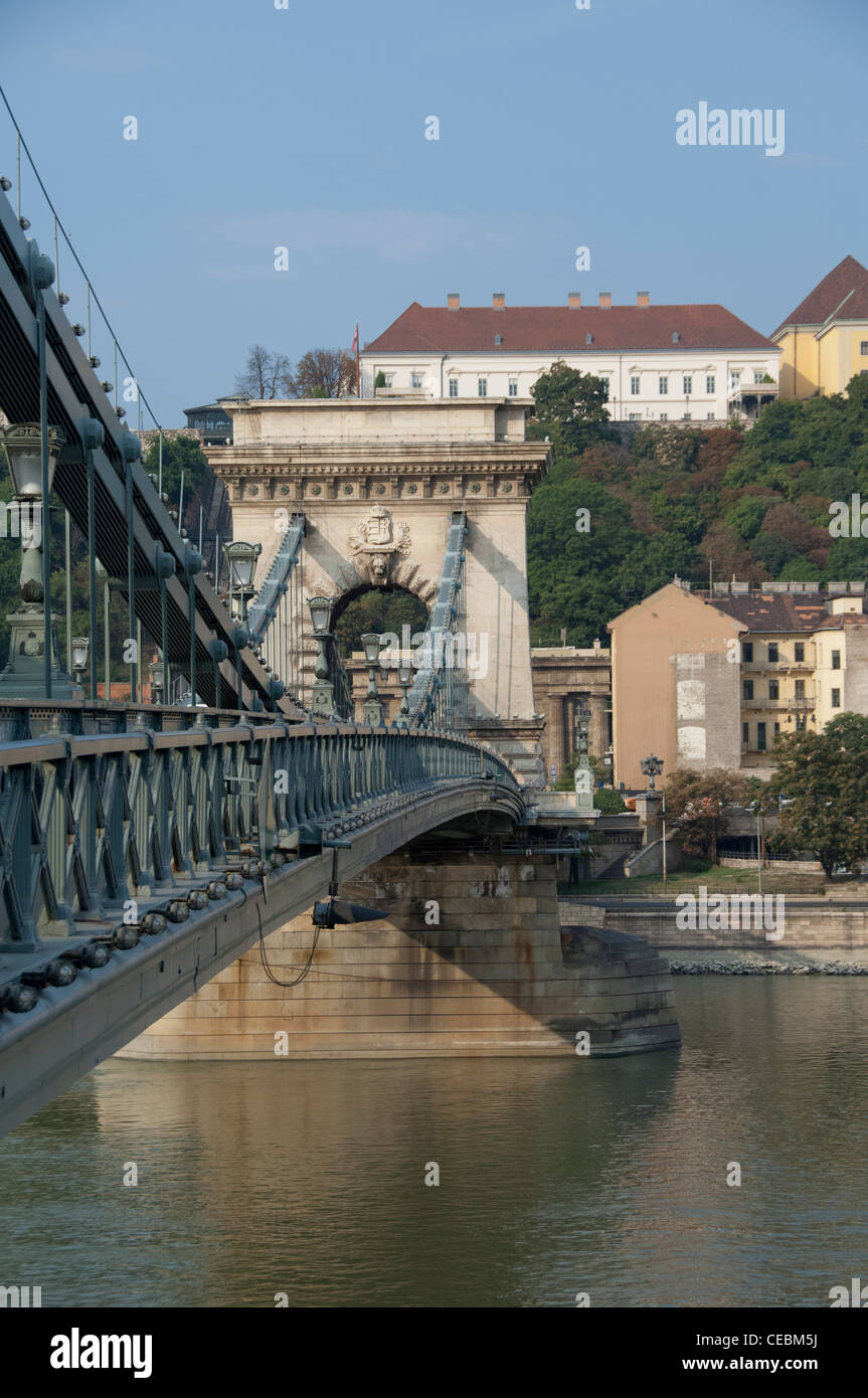 Hungary, Budapest. Historic "Chain Bridge" connecting Buda & Pest ...