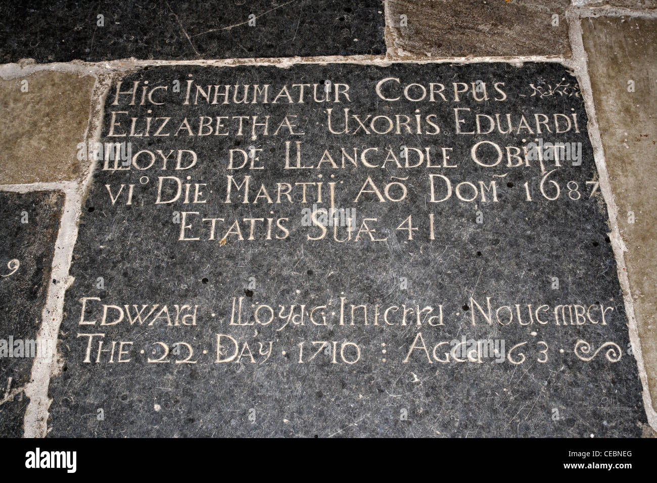 Memorial stone in St Cadocs church at Llancarfan near Barry Wales ...