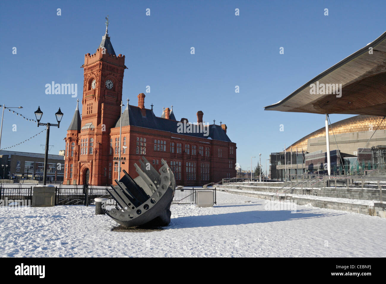 The Pierhead building in Cardiff Bay, Wales UK, in the snow winter ...