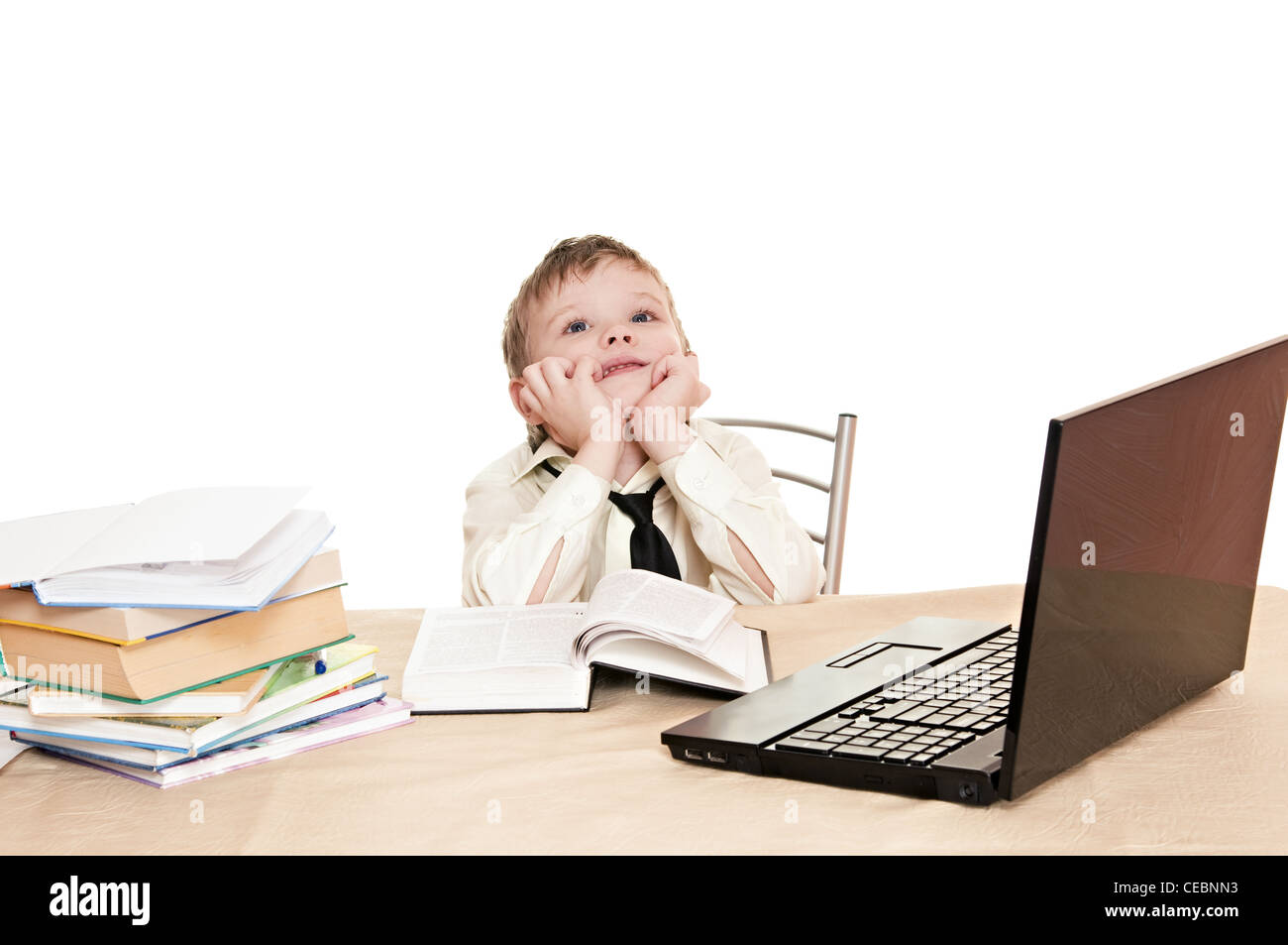 boy pupil thinks for in time homework isolated on white background ...