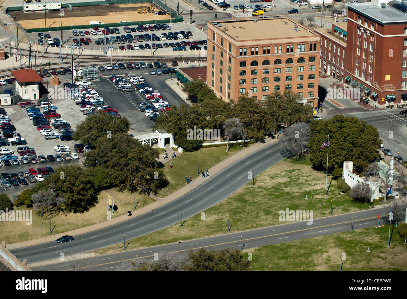 Aerial view of Dealey Plaza, Dallas Texas showing the former Texas ...