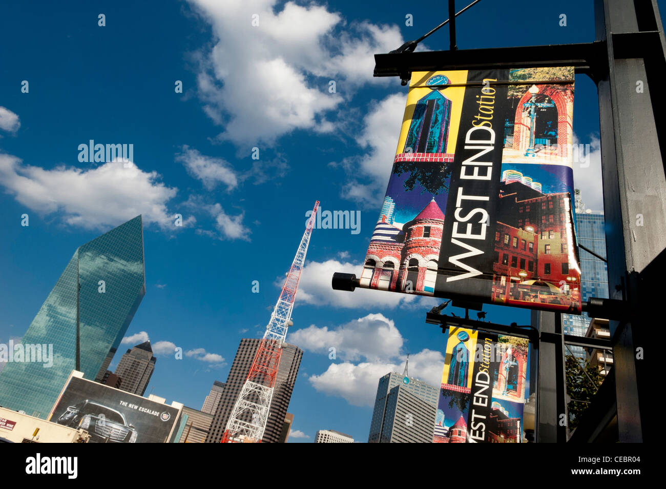 Sign for West End Station, showing the Dallas skyline Stock Photo - Alamy
