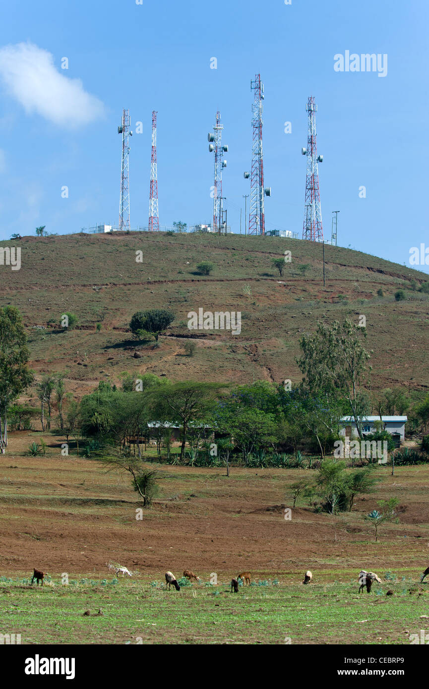 Telecommunication towers and small holder farm in a rural area, Arusha ...