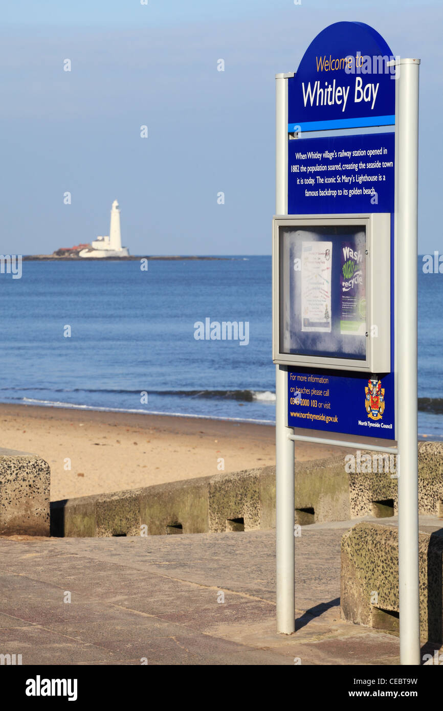 Sign Welcome to Whitley Bay with St Mary's Island in background north ...