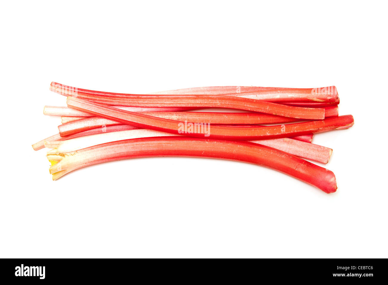 Rhubarb sticks or stalks uncooked isolated on a white studio background ...