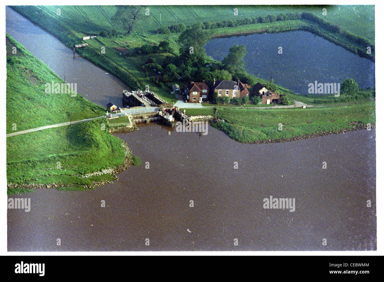 Oblique aerial View, looking north, of 1790 market weighton canal lock ...