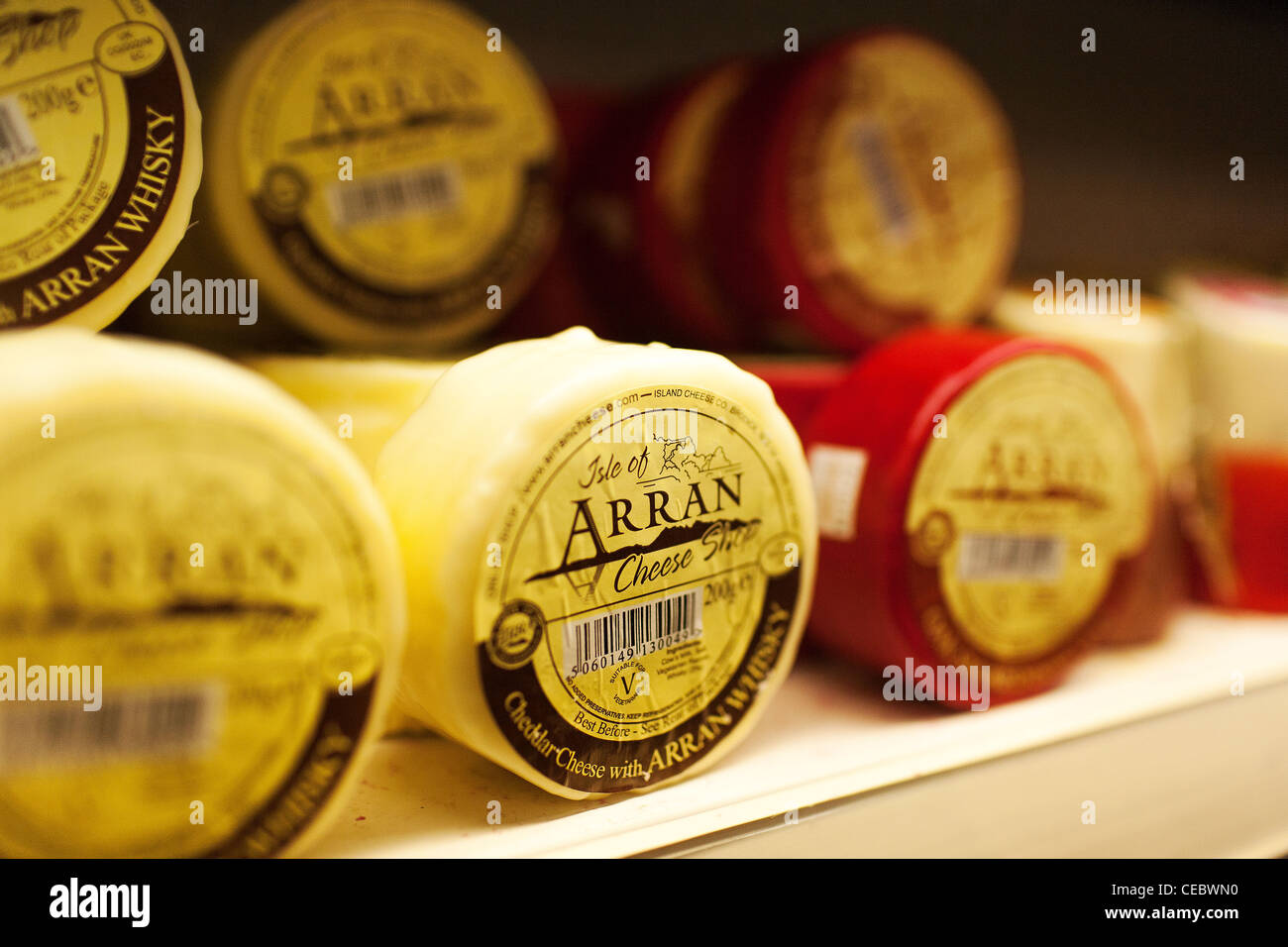 Local cheeses on display for sale at the Isle of Arran Distillery in ...