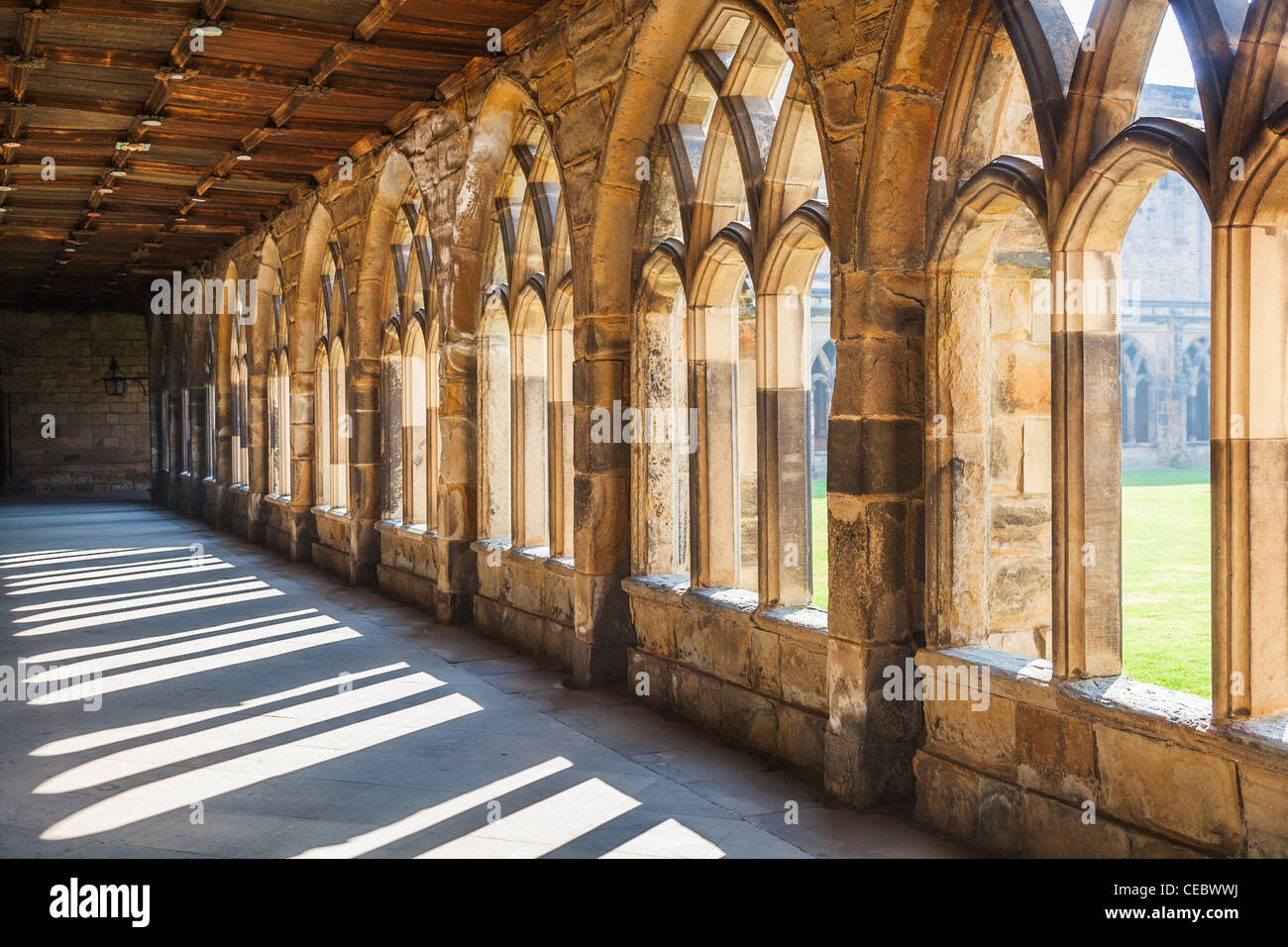 Cloisters at Durham Cathedral, Durham, England with Gothic arch-shaped ...