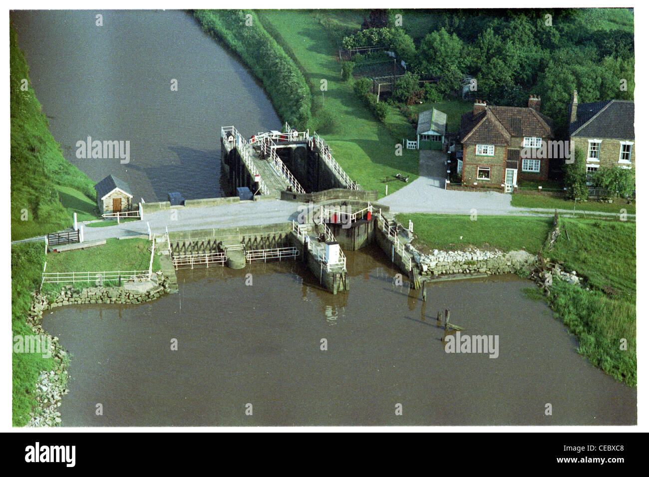 Oblique aerial View, looking north, of 1790 market weighton canal lock ...