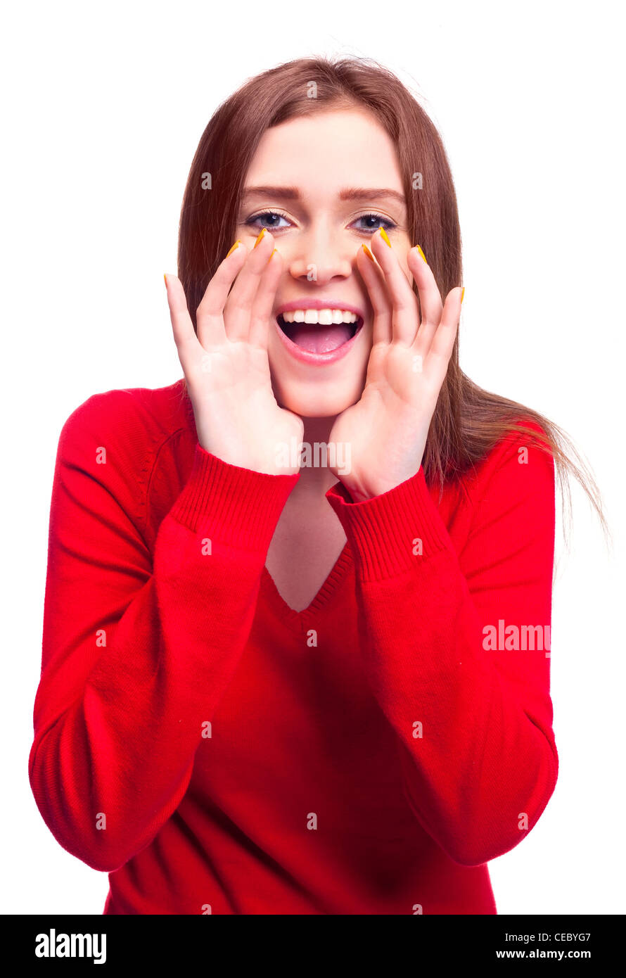 happy excited young woman screaming something to us Stock Photo - Alamy