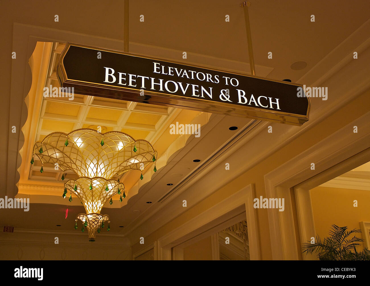 Sign for conference rooms and a chandelier in the Encore hotel and ...