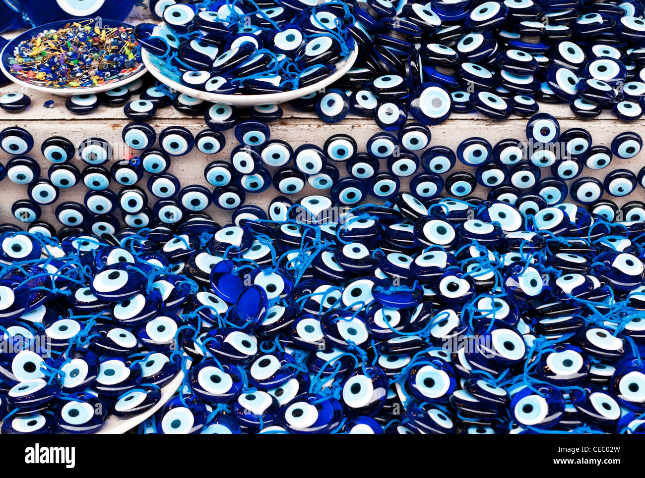 Turkish blue galss eyes, said to ward off evil, at Arasta Bazaar ...