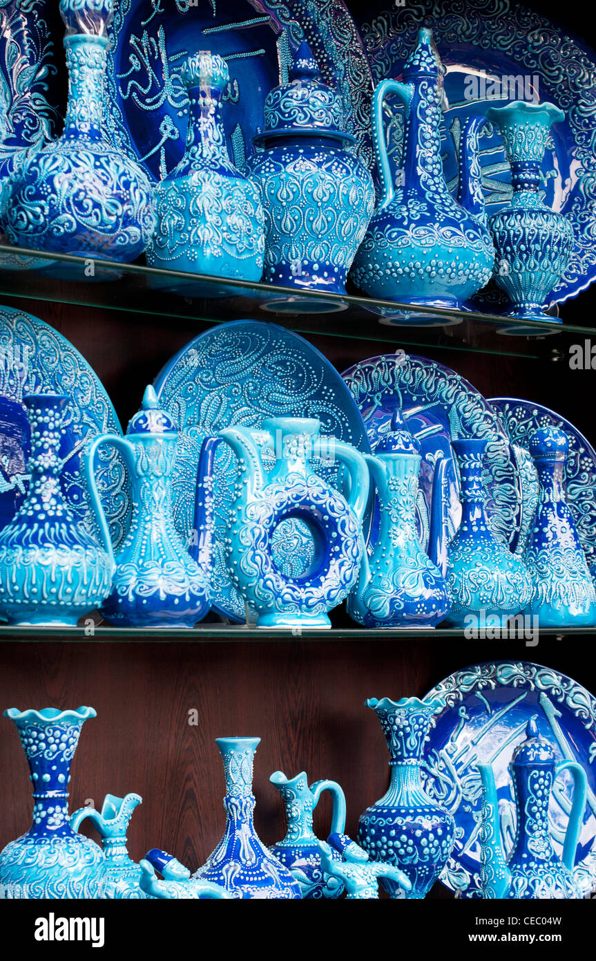 Turkish blue glazed pottery vases and coffee pots at Arasta Bazaar ...