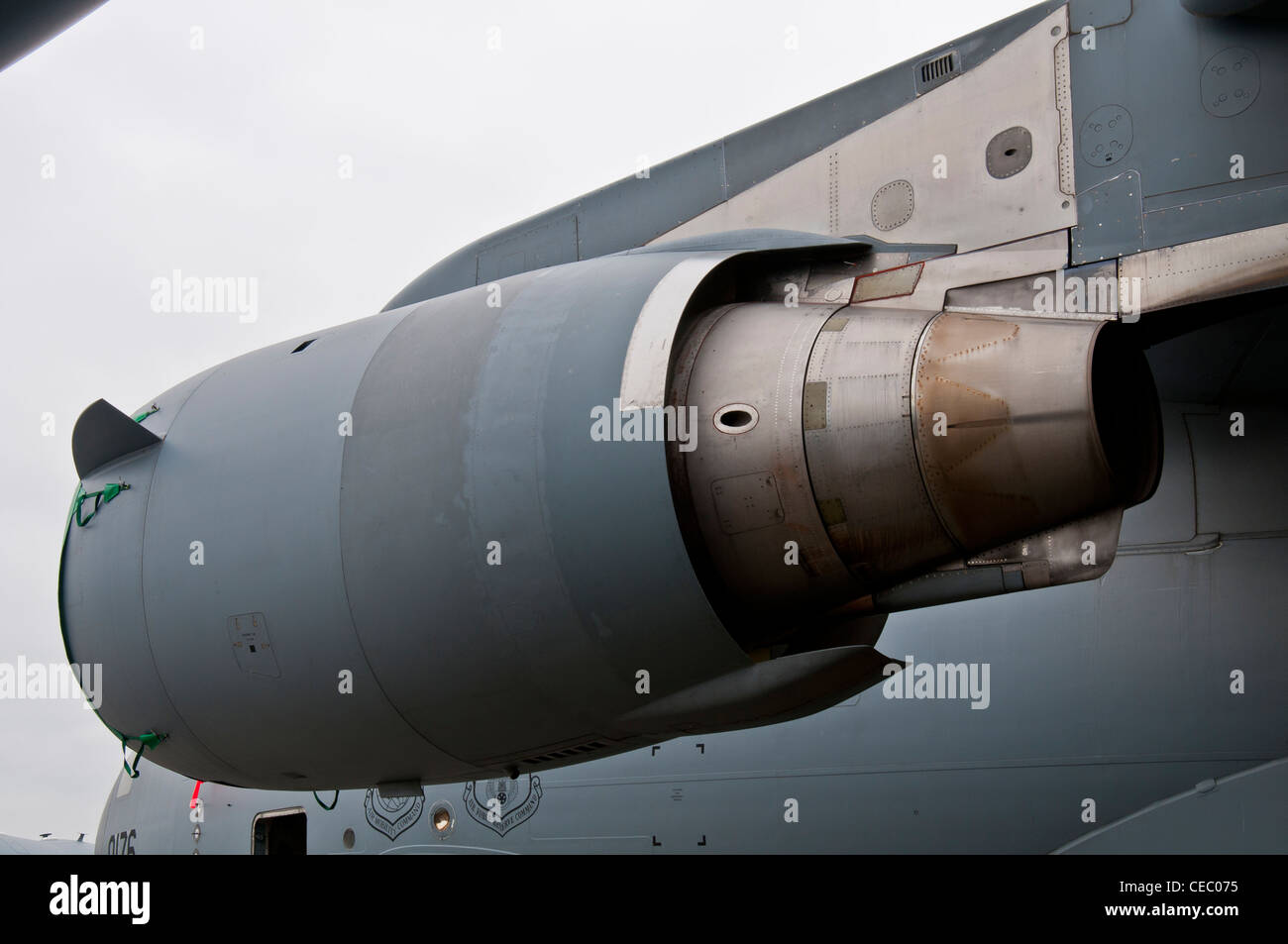 Massive jet engine mounted on wing of United States Air Force C-17 ...