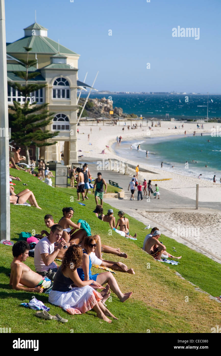 Sunbathers on the grassy slopes at Cottesloe Beach. Perth, Western ...