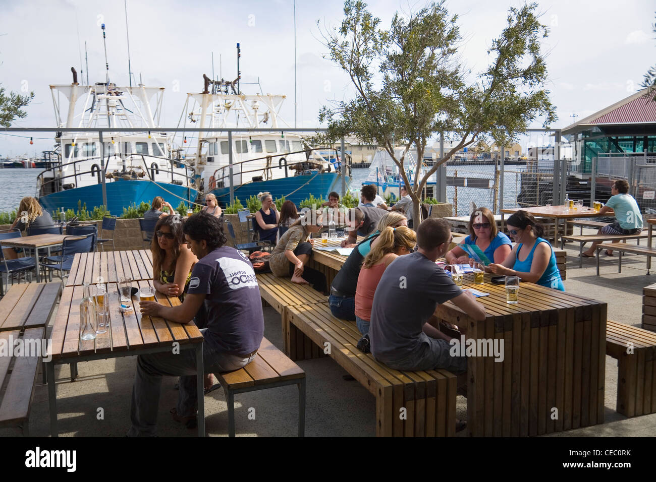 Beer garden at the Little Creatures Brewery on Fishing Boat Harbour ...