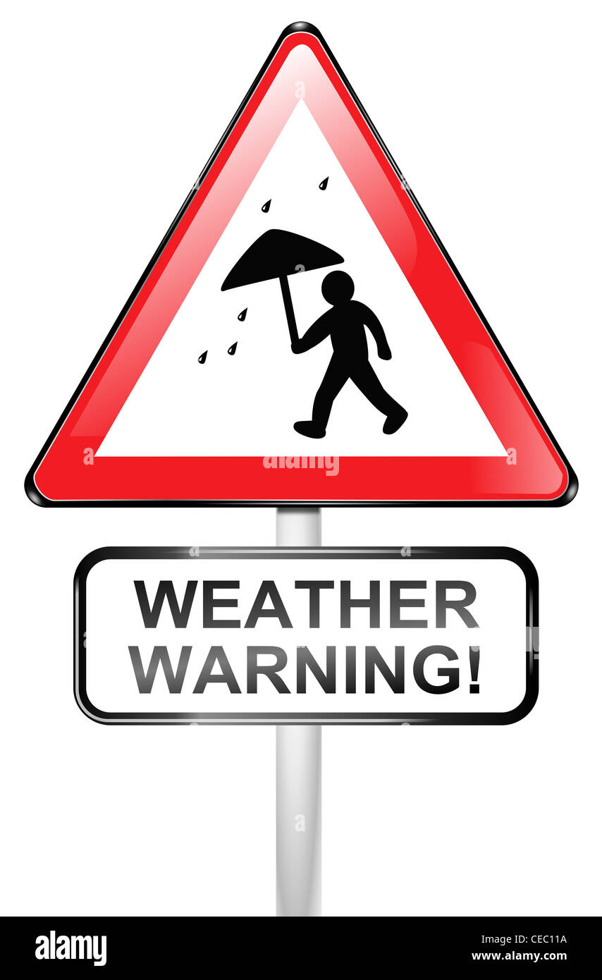 Illustrated red triangular hazard warning sign depicting rainy weather ...