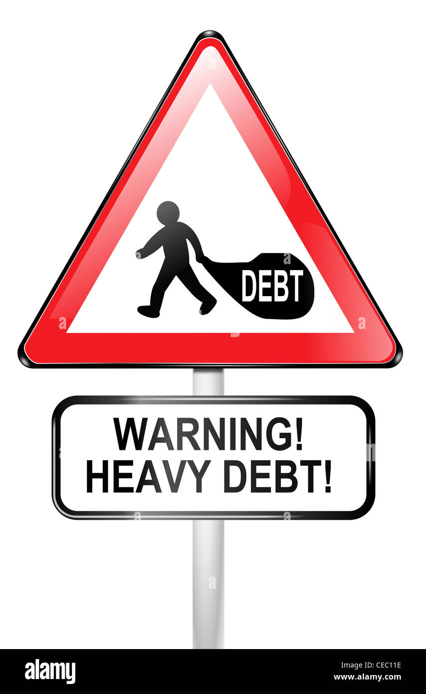 Illustrated red triangular hazard warning sign depicting a debt concept ...