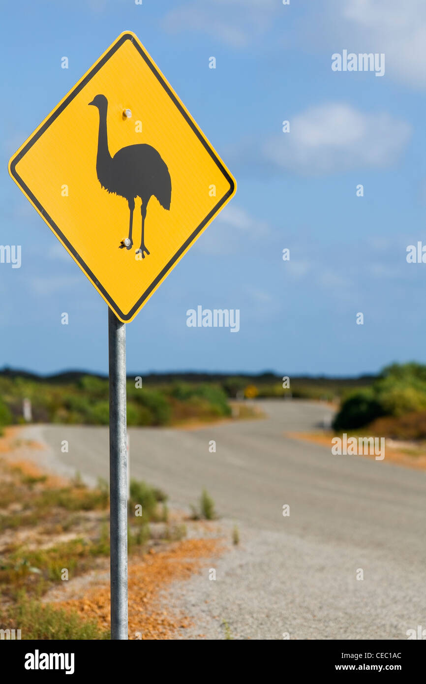 Emu crossing road sign in Nambung National Park. Cervantes, Western ...