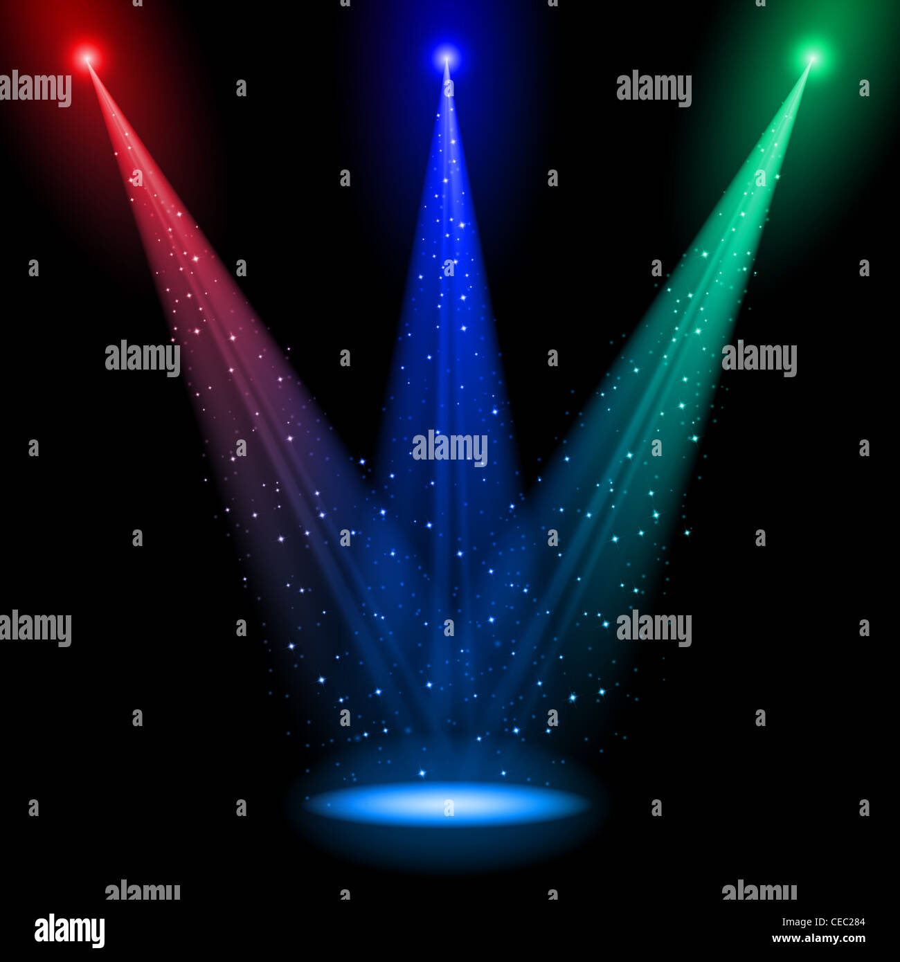Three conical RGB shafts of light shine at one point into the black ...