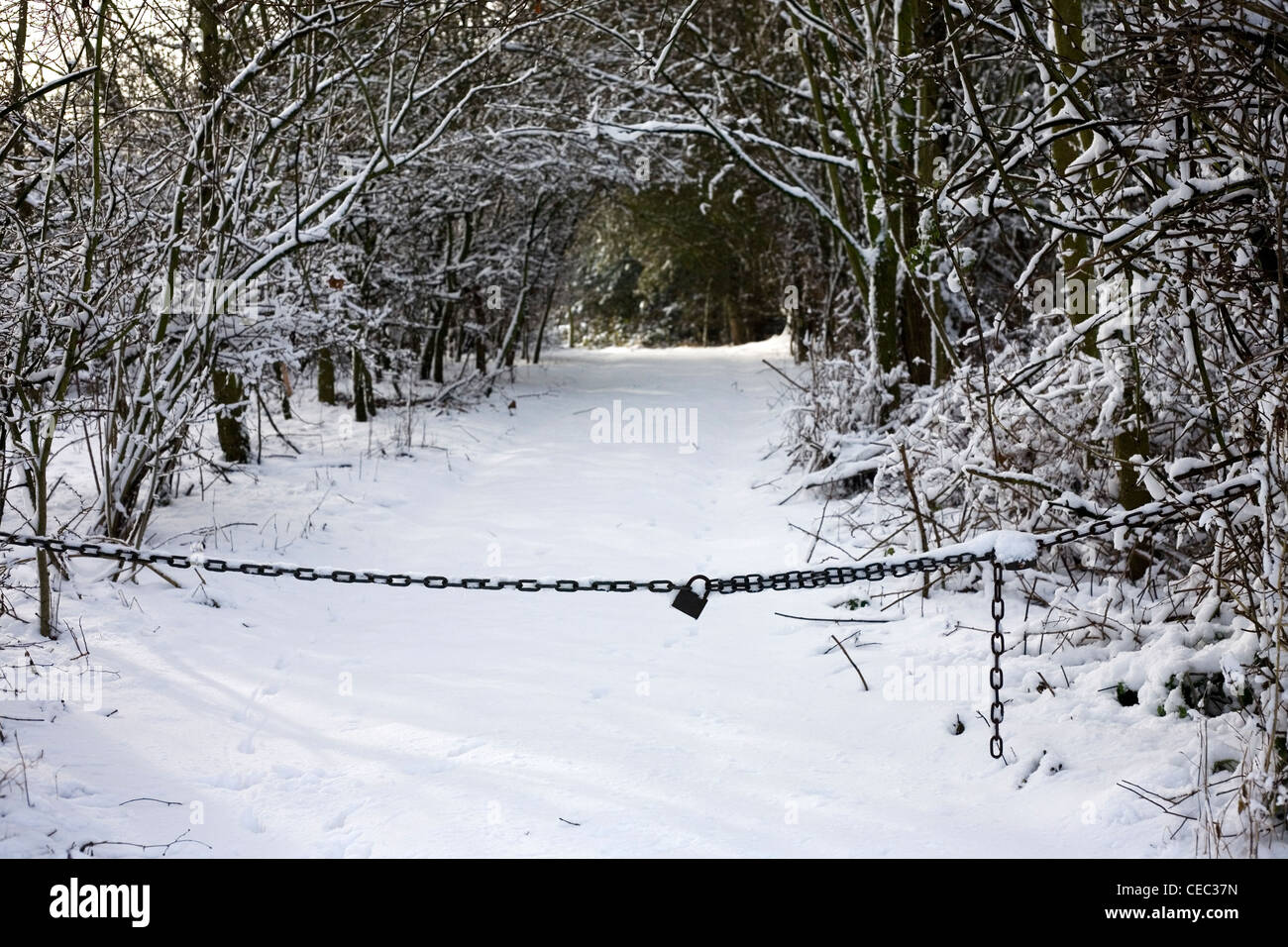 Padlocked Chain to Lane in Snow Stock Photo - Alamy