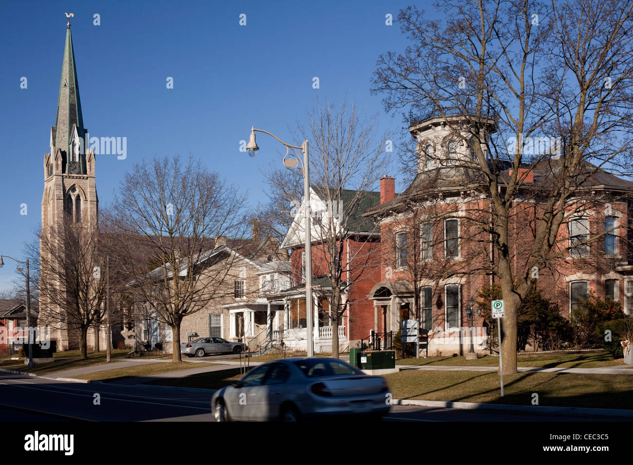 A suburban street with church in the town of Guelph Canada Stock Photo ...