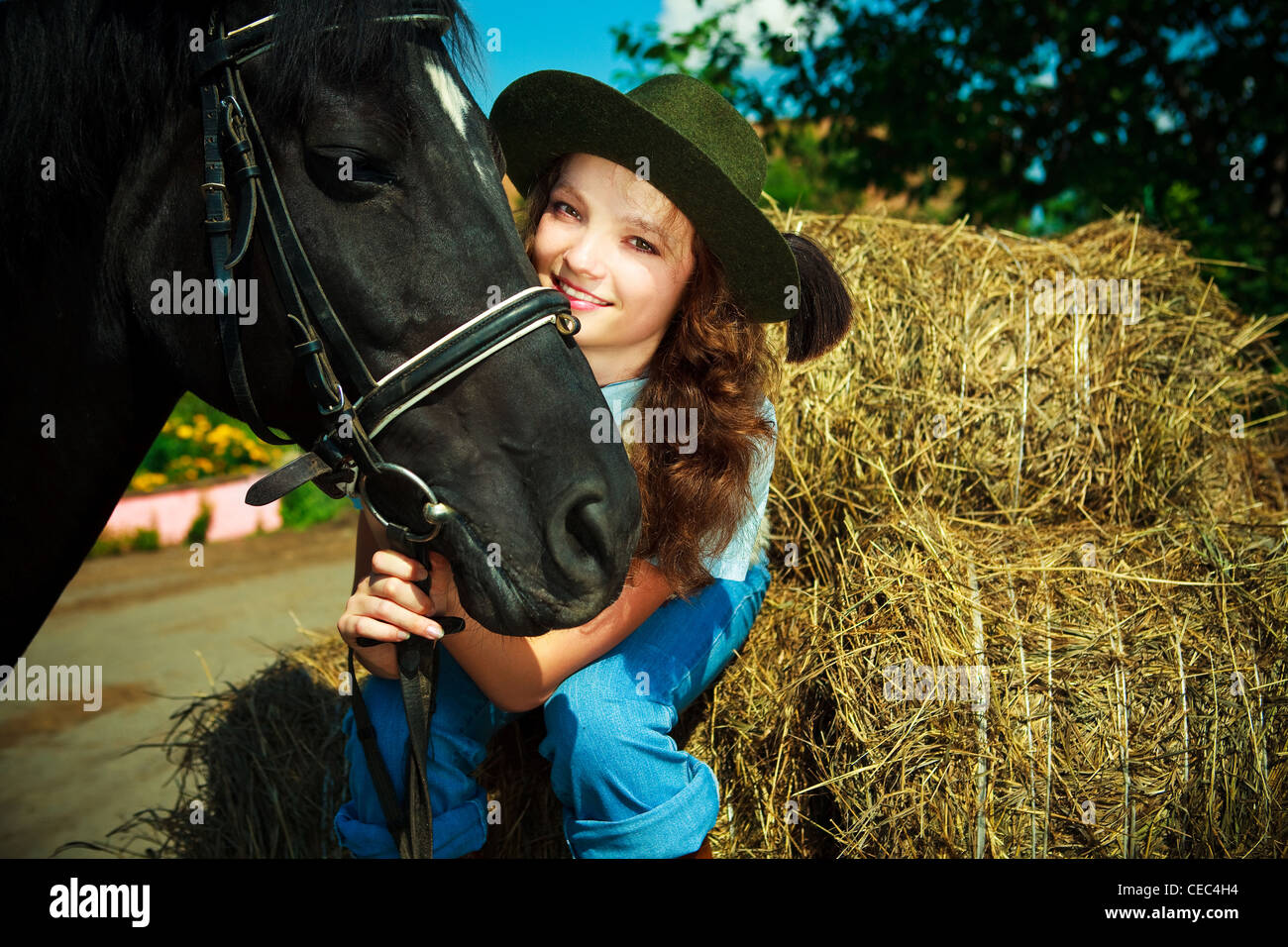 happy woman riding a horse Stock Photo - Alamy