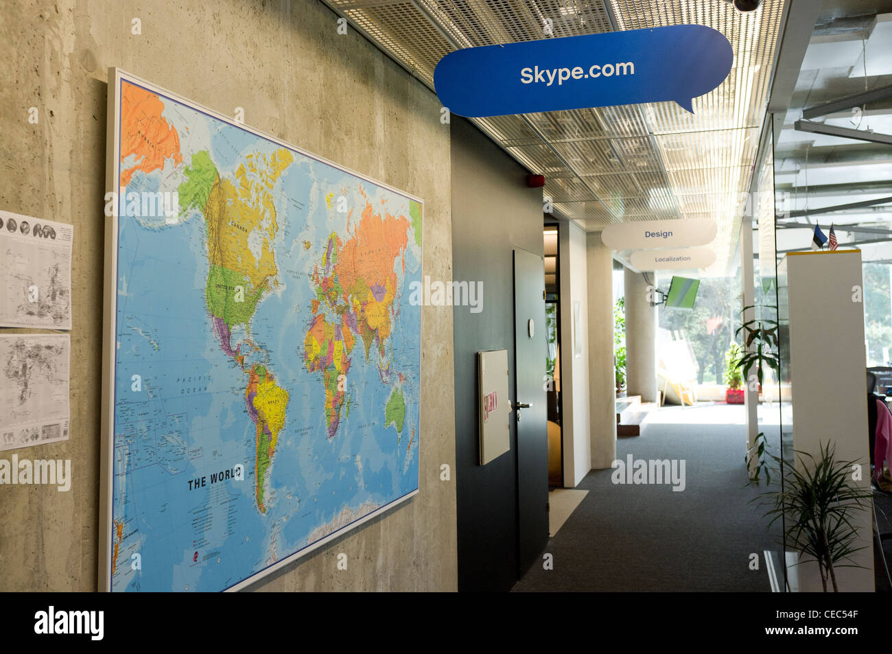 Corridor with world map at the Skype Worldwide Headquarters, Tallinn ...