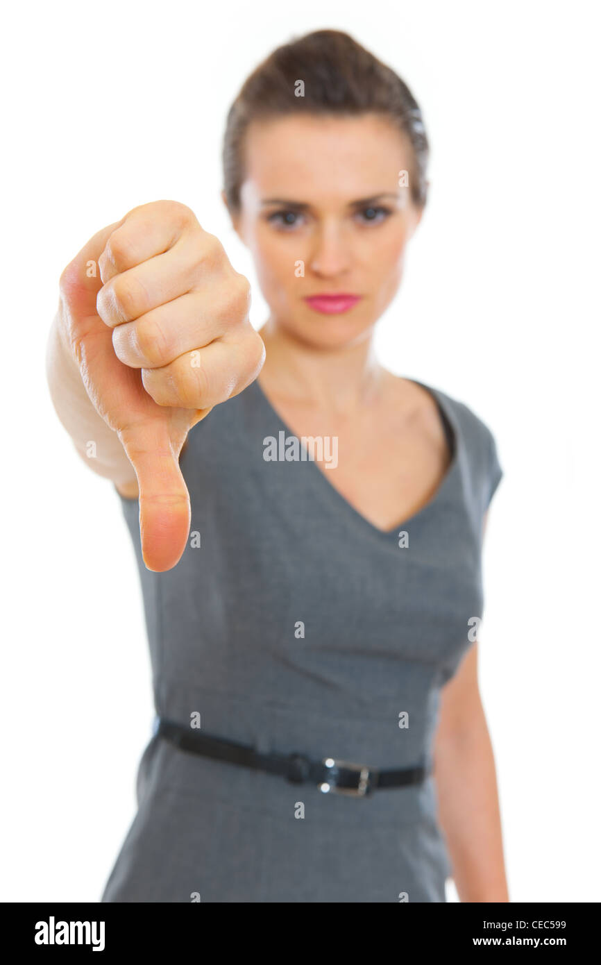 Business woman showing thumbs down. Focus on hand Stock Photo - Alamy