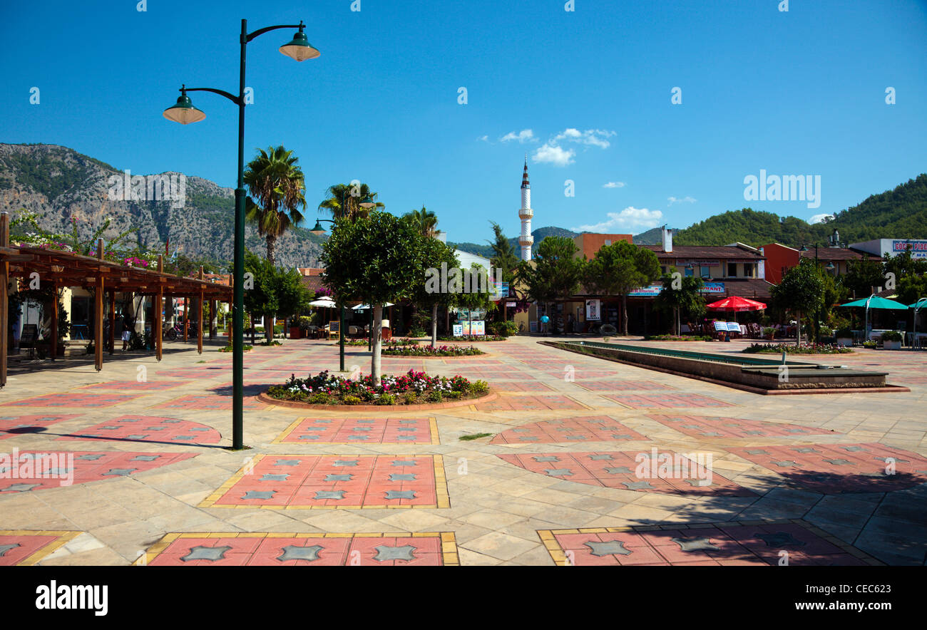 Gocek's modern town square with shops and mosque in the background ...