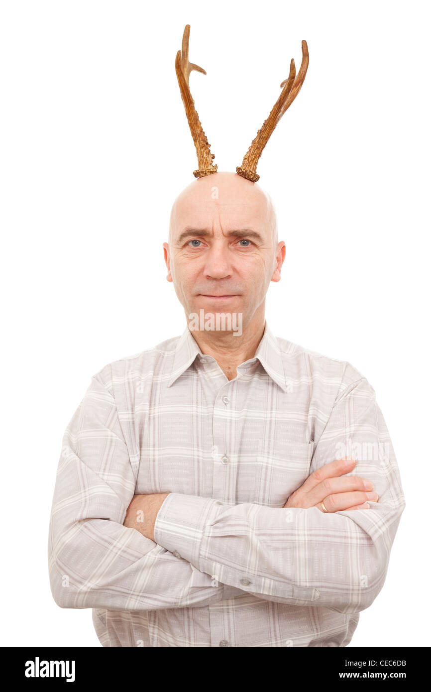 man with antlers on head on white Stock Photo - Alamy