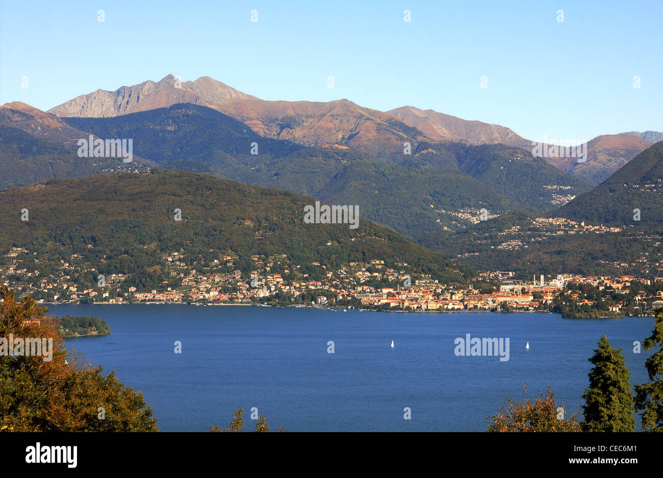 Aerial view on Lake Maggiore among hills and mountains of northern ...