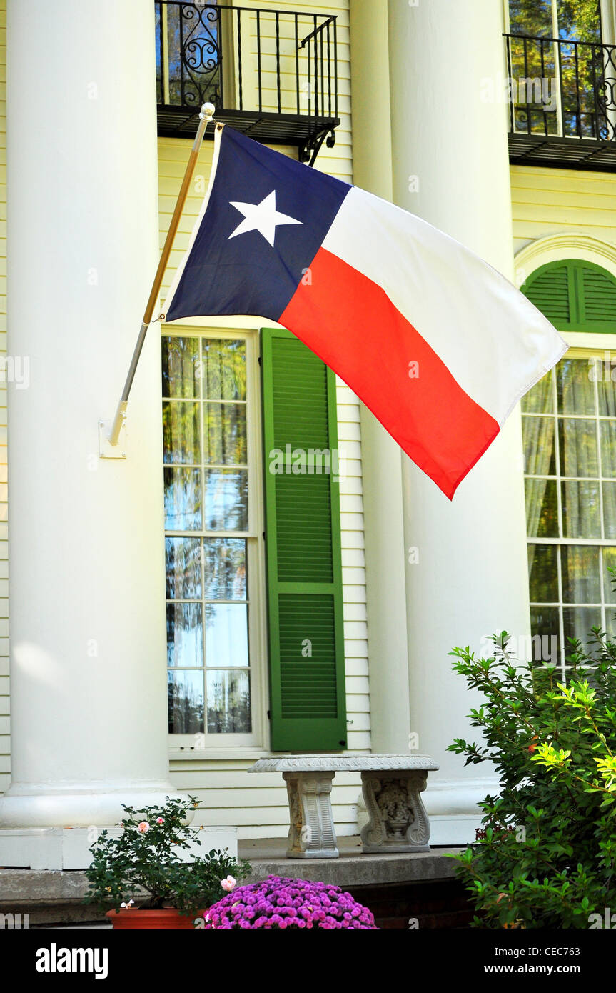 The Texas state flag is flying outside a house on a small flag pole ...