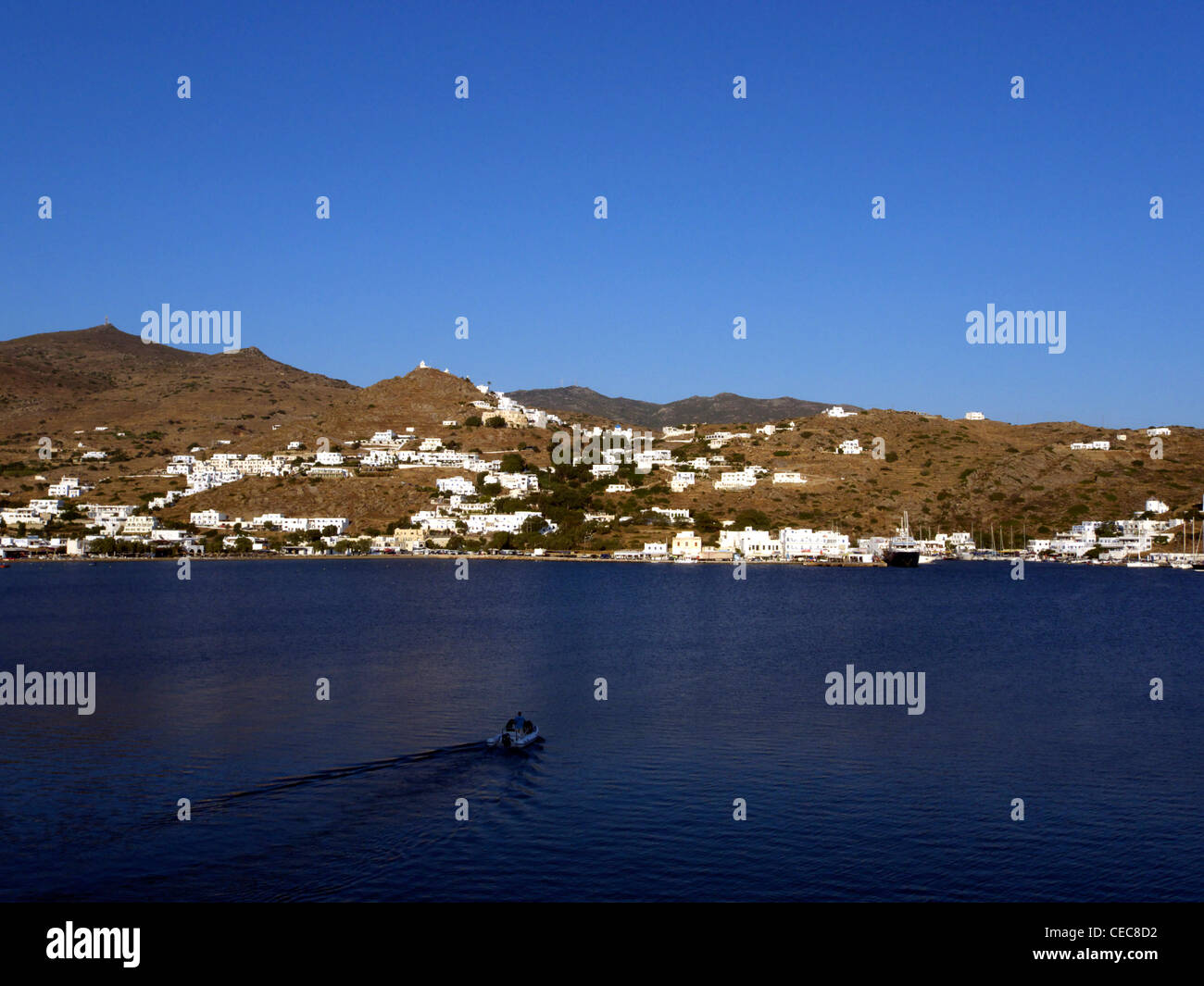 greece cyclades islands ios view across the bay to village and port ...