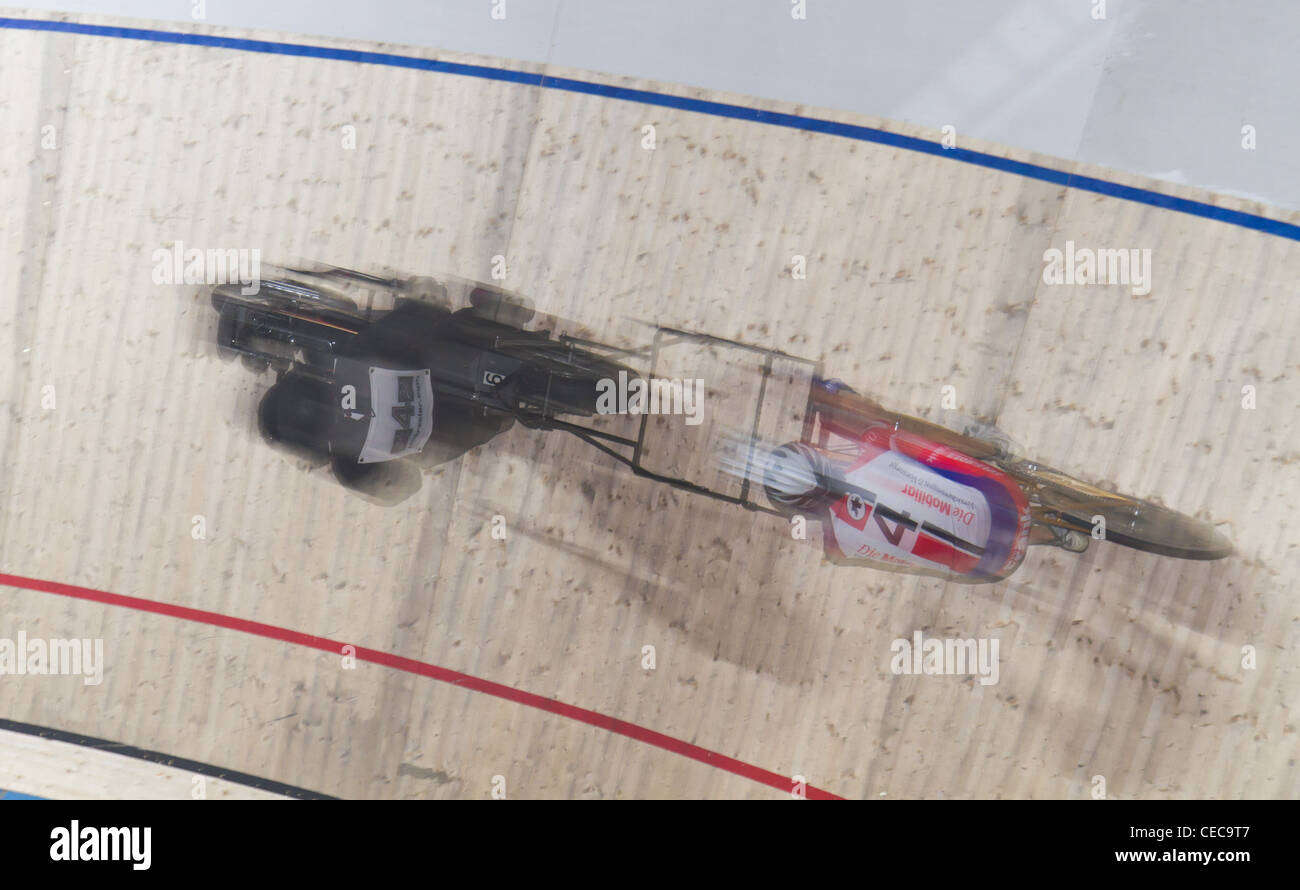 Cyclist Birrer Mario competes in motorbike driven stayer race at Sixday ...