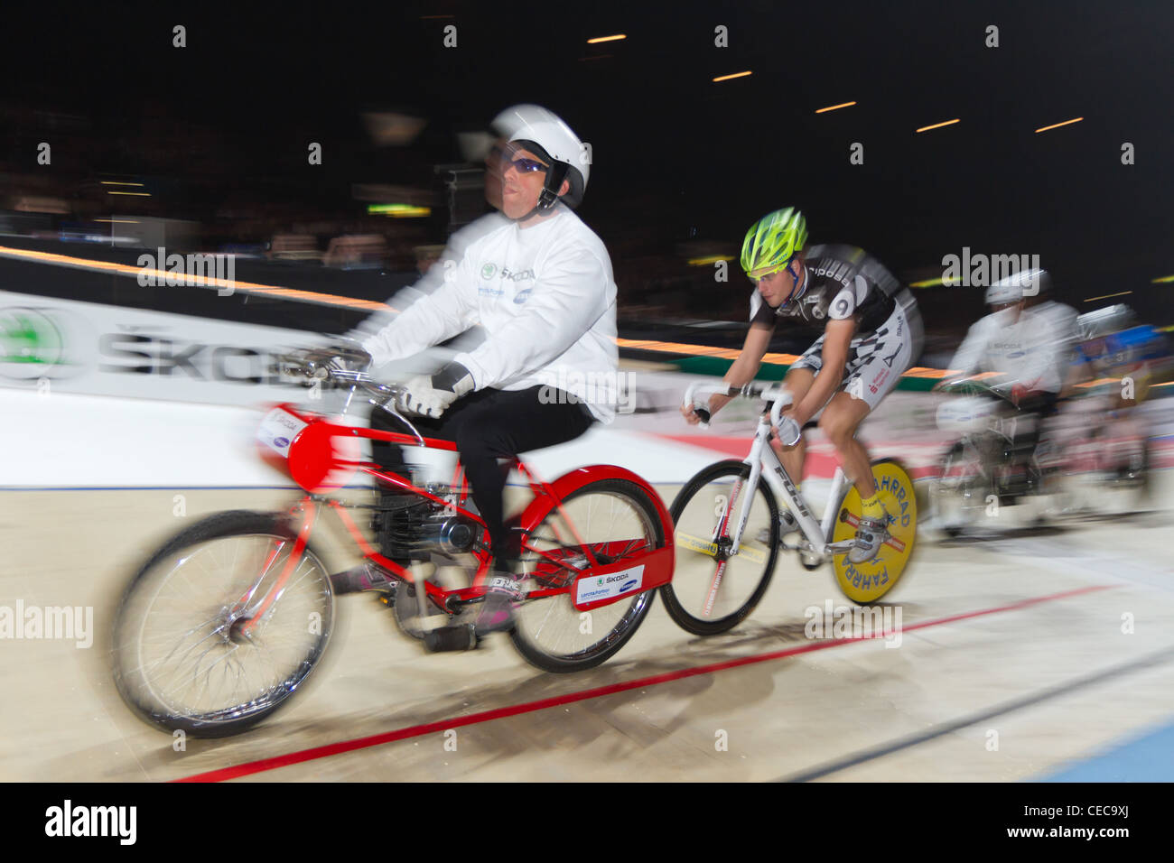 Cyclists compete in motorbike driven derny race at Sixday-Nights Zürich ...