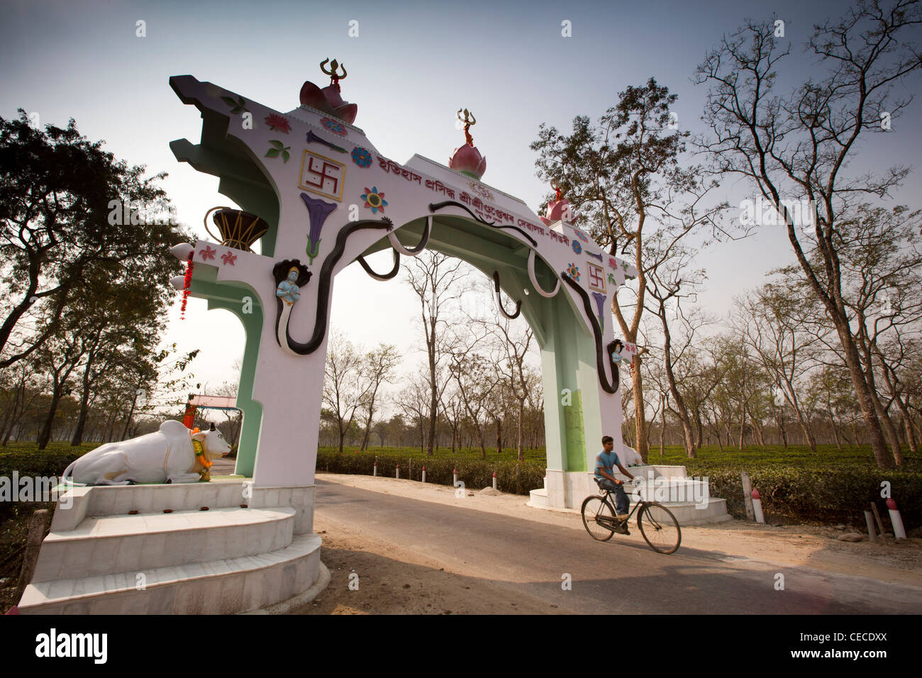 India, Assam, Tezpur, decorative gateway to tea plantation decorated ...