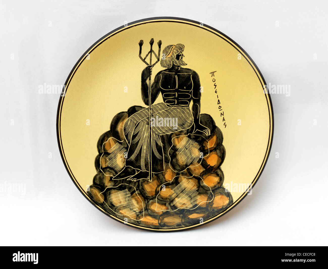 Greek Plate Depicting Poseidon Sitting On Rocks Holding A Trident Greek ...
