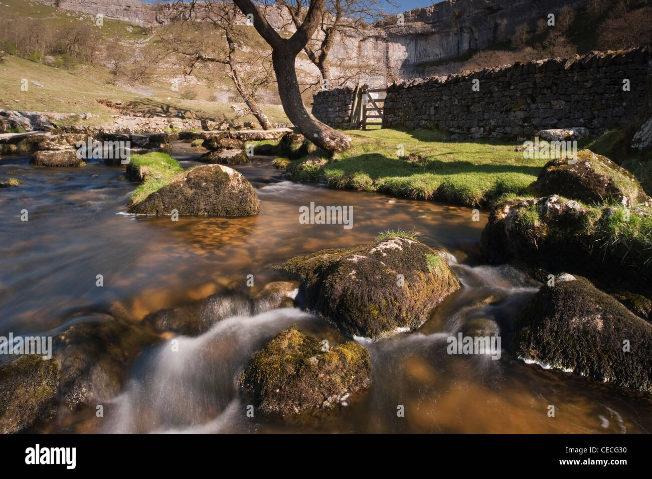 Scenic countryside of Malham Cove & Beck (water flowing over rocks ...
