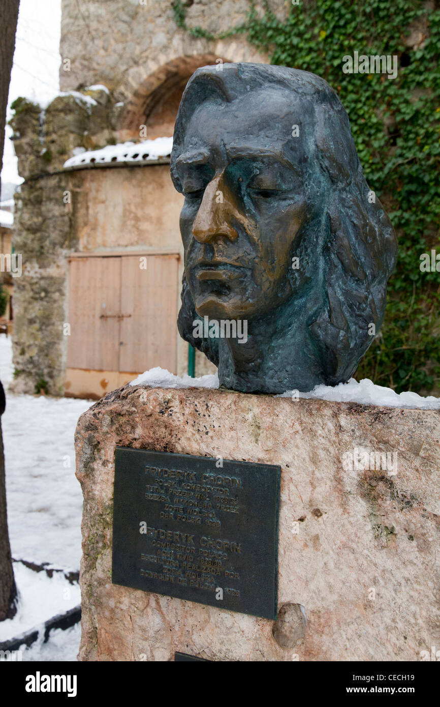 Chopin bust Valldemossa winter snow Majorca Mallorca Spain Stock Photo ...