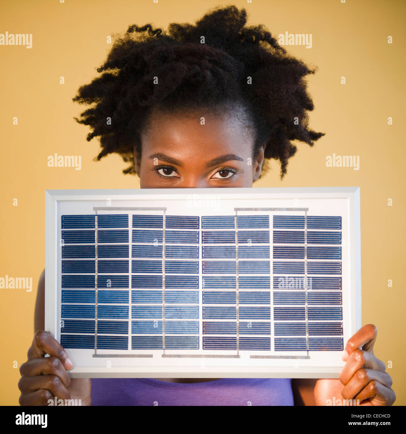 Black woman holding solar panel Stock Photo - Alamy