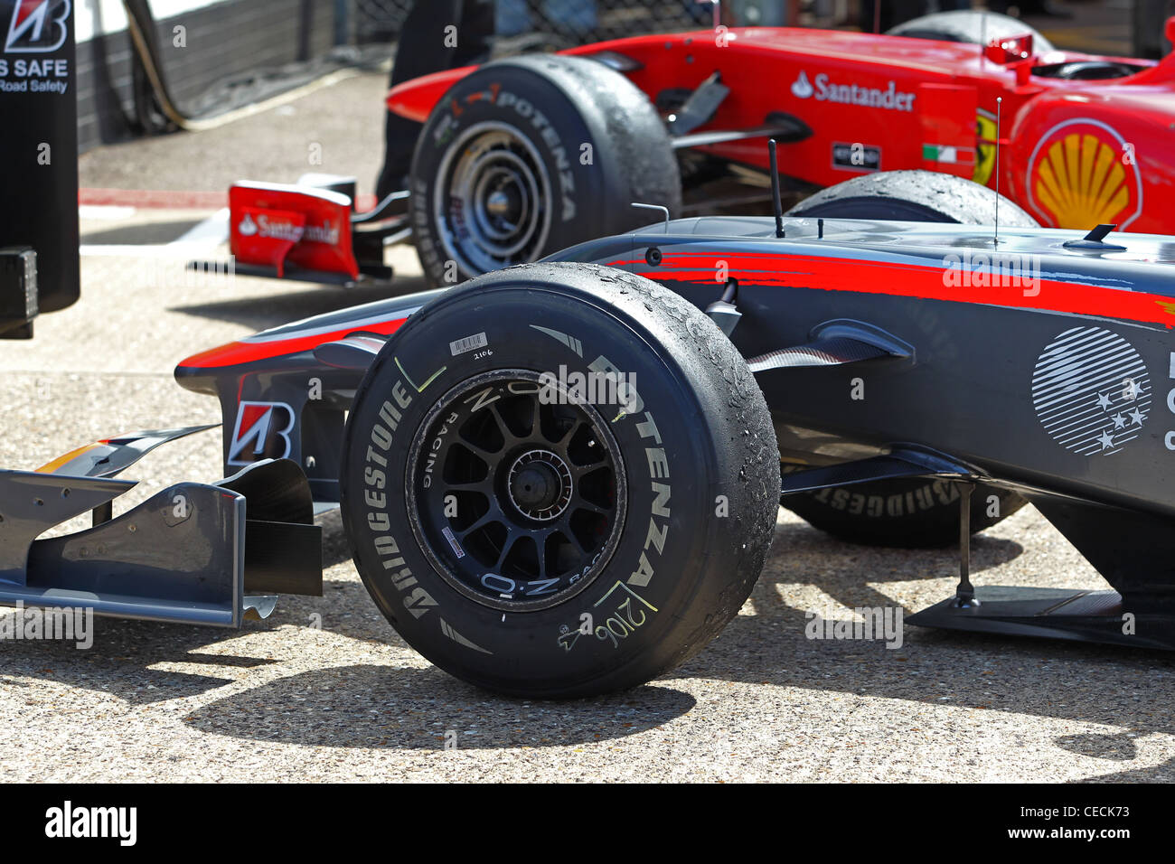 Front end of Formula One Grand Prix racing cars after the race and in ...